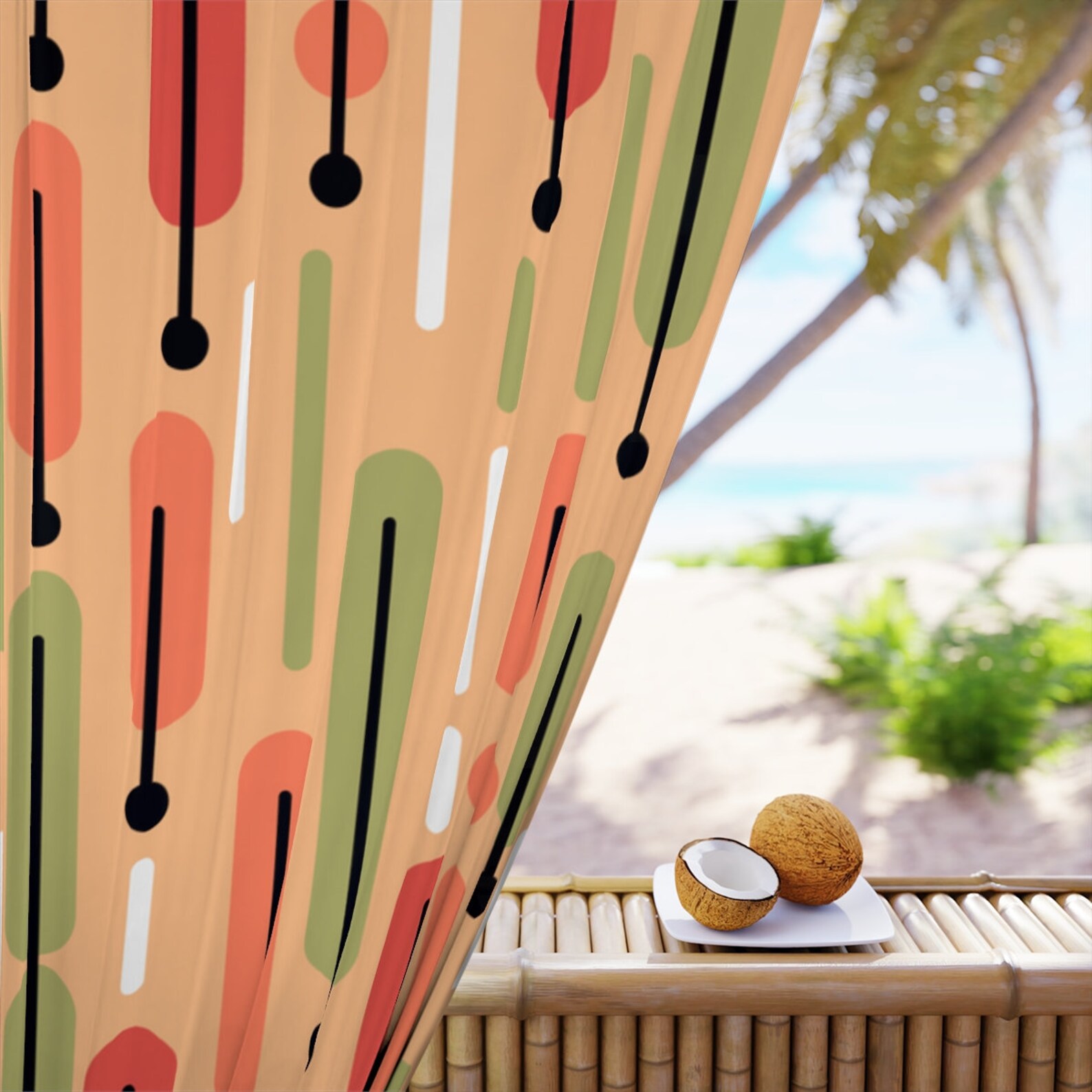 Mid Century Modern Curtains Salmon Color Green White - Etsy