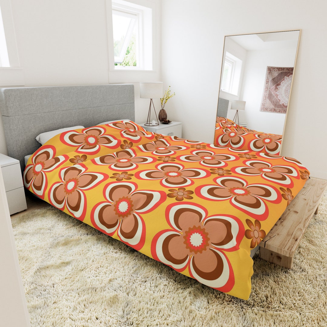 60's 70's Retro Bedding, Mod Daisy, Ombre, Brown, Coral, Yellow, Groovy ...