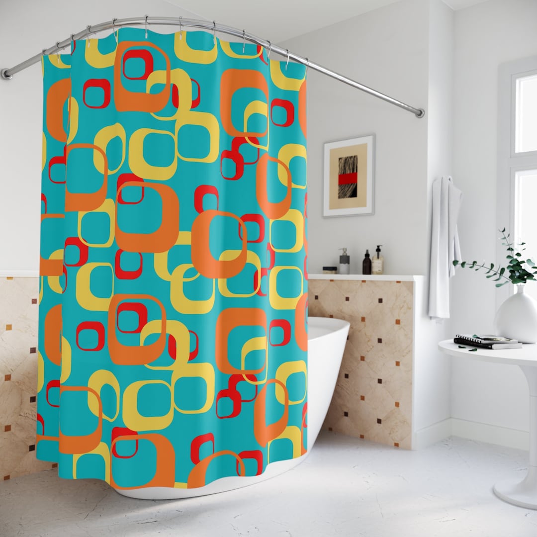 Retro Shower Curtain Mid Century Modern Aqua Blue Orange Yellow