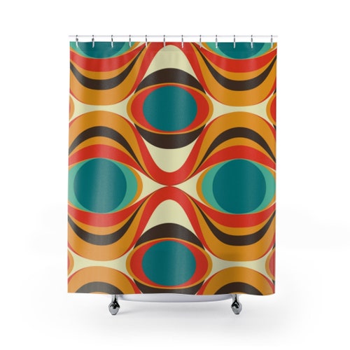 Mid Century Modern Orange Brown Teal And Cream Retro Shower Etsy