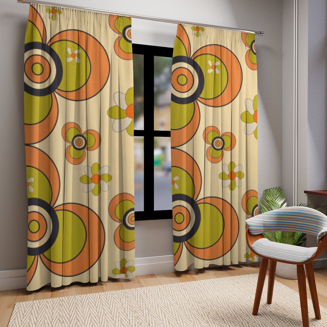 Mid Mod 60s 70s Curtains, Groovy Flower Power, Mod Daisy, Orange, Beige ...