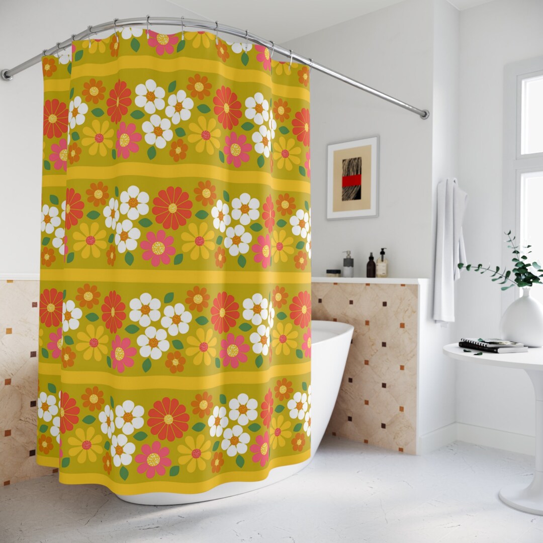 Retro Shower Curtain Mid Century Modern Groovy Flower Power Yellow