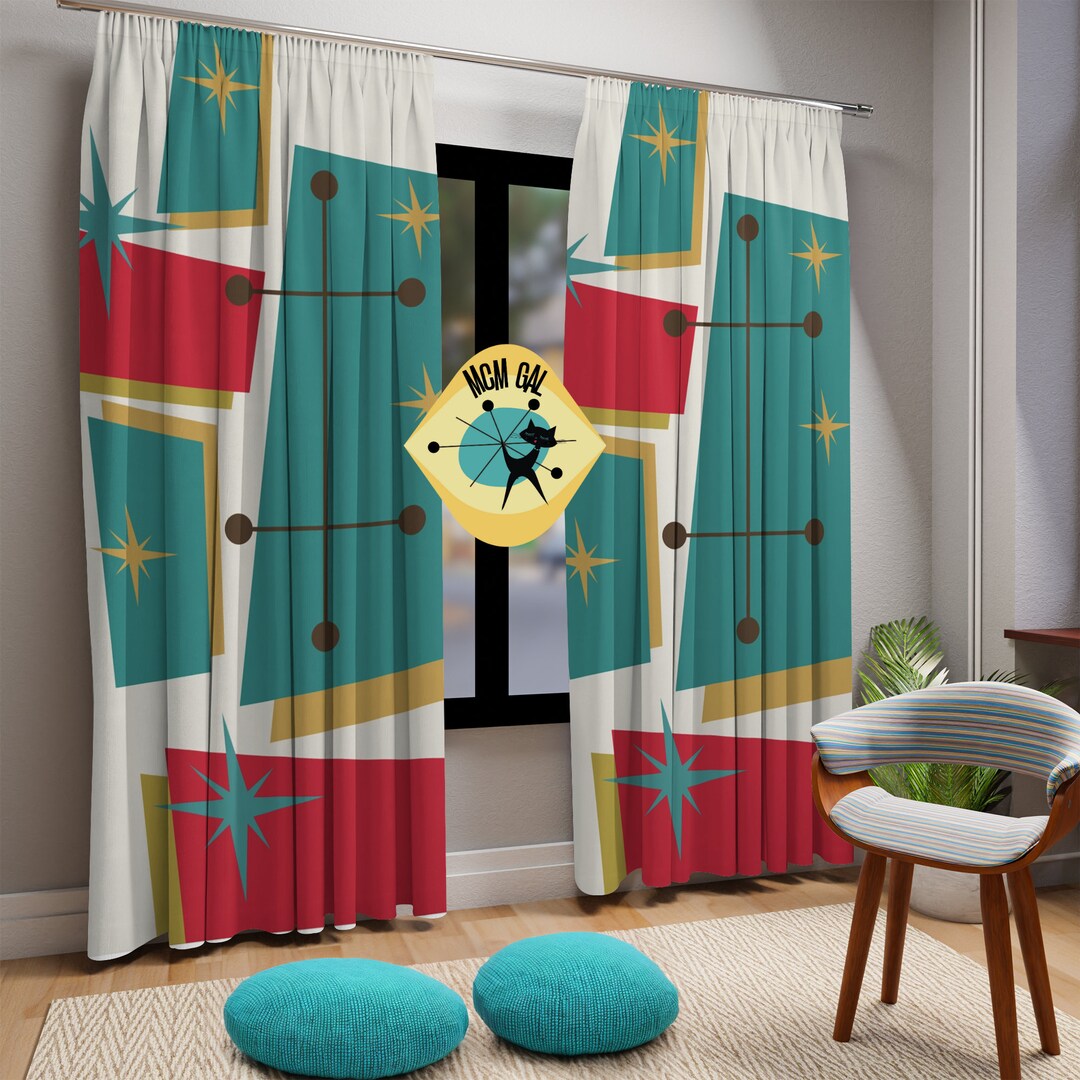 Mid Century Modern Window Curtains Geometric Red Teal Mustard
