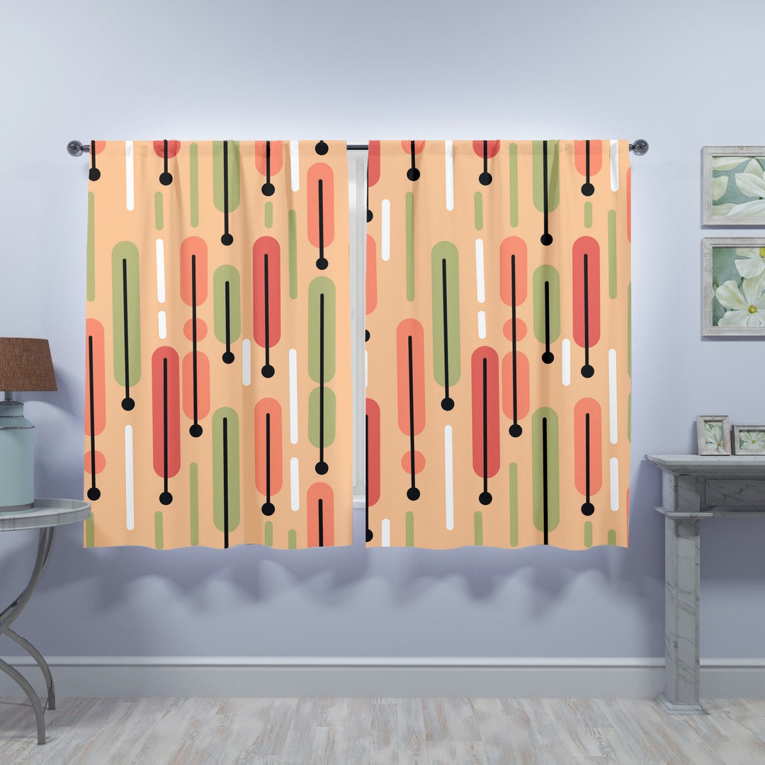 Mid Century Modern Curtains, Salmon Color, Green, White Scandinavian ...