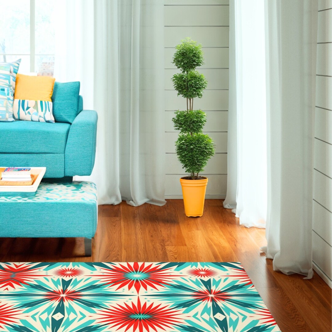 Mid Century Modern Atomic Red 50s Designed, Aqua Area Rug for ...