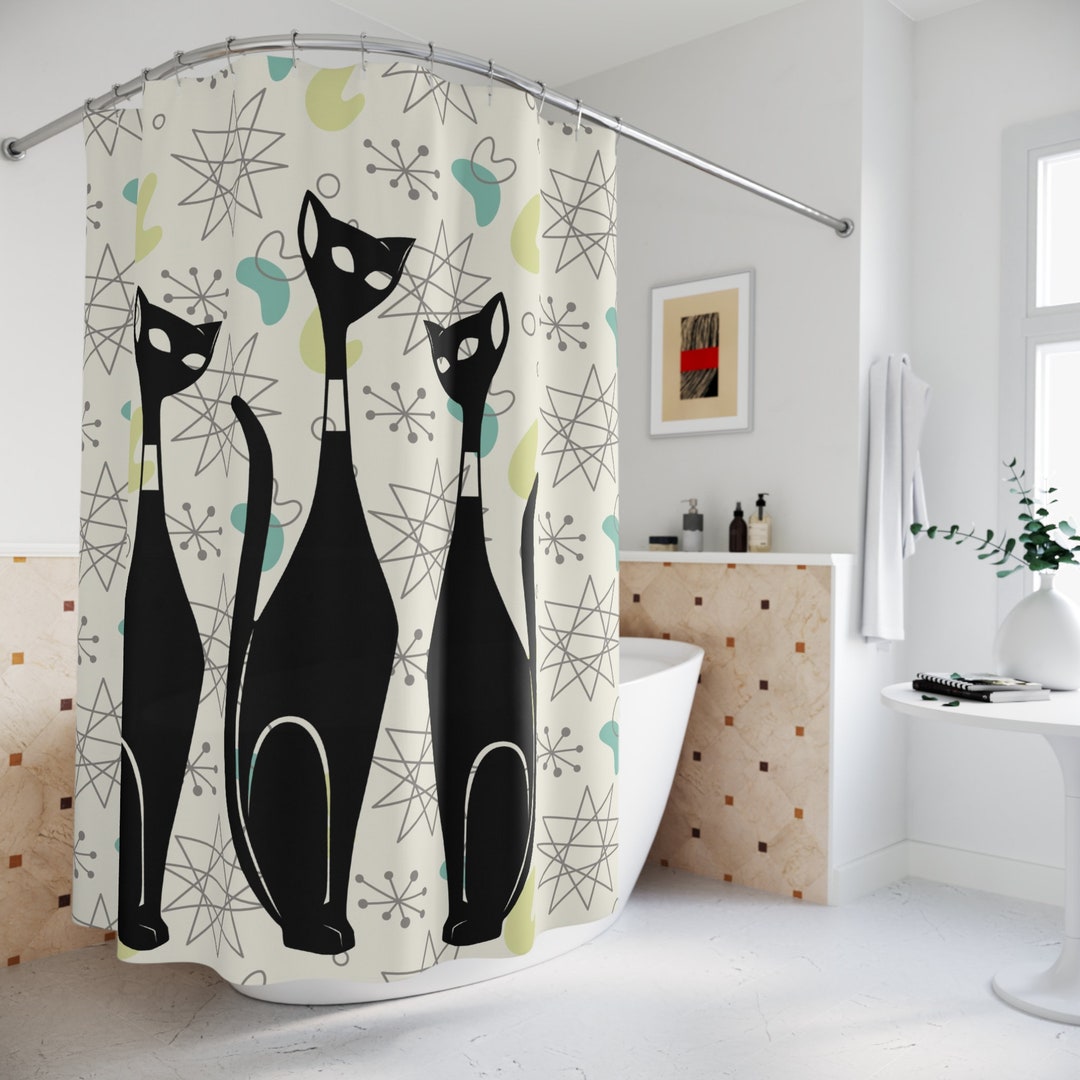 Atomic Cat Art Mid Century Modern Shower Curtain Beige Etsy