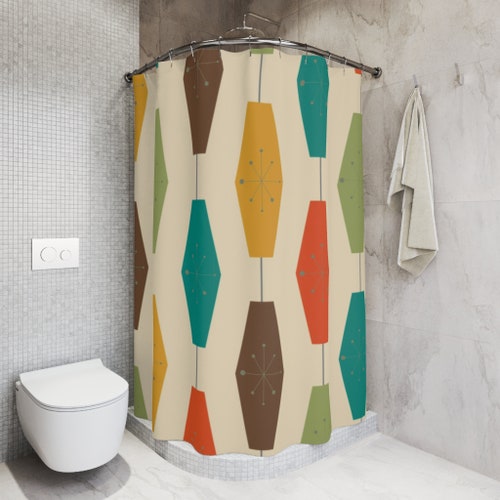 Mid Century Modern Orange Brown Teal And Cream Retro Shower Etsy