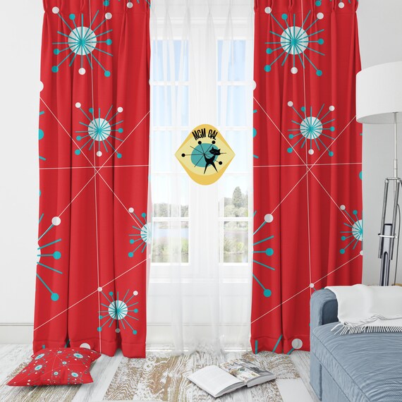 Mid Century Modern Retro Red Atomic Age 50s Starburst Aqua Blue White Mid Century Modern Livingroom Bedroom Curtains Etsy
