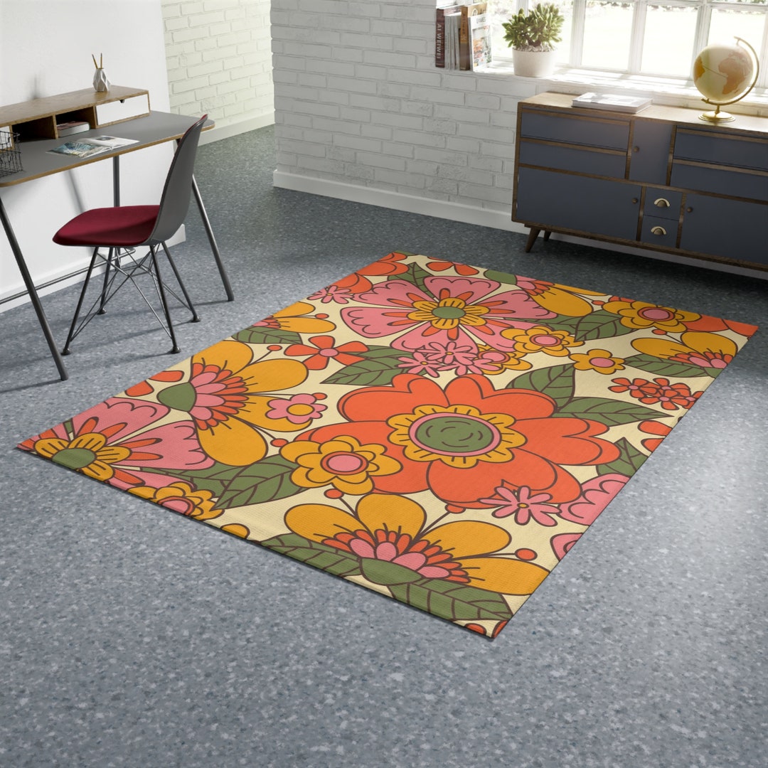 70s Home Decor Hippie Retro Rug, Mod Orange, Green, Yellow Pink, Flower ...