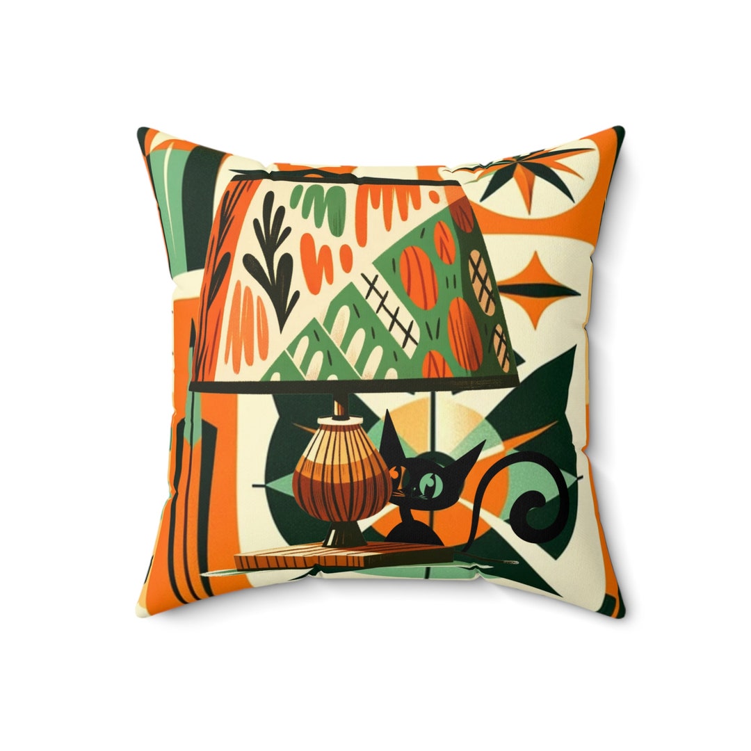 Atomic Cat Mid Century Modern Pillow, Orange, Avocodo Green, Kitsch ...