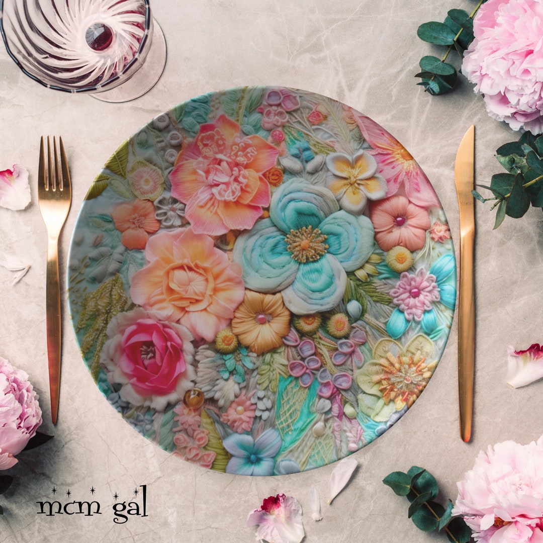 Bohemian Dinner Plates, Floral Botanicals, Faux Pressed Flowers, Retro ...