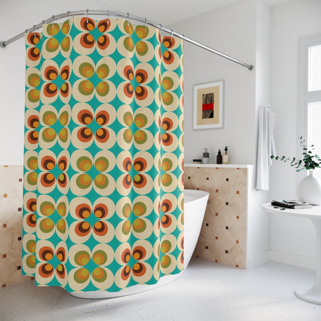 Retro Shower Curtain, 70's Retro Curtain, Orange, Teal, Mustard Yellow ...