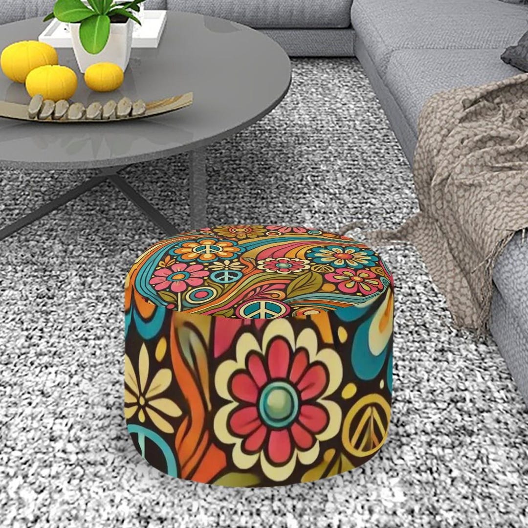 Retro Ottomon Pouf, 60s 70s Flower Power Groovy Mod Floral Pink, Yellow ...