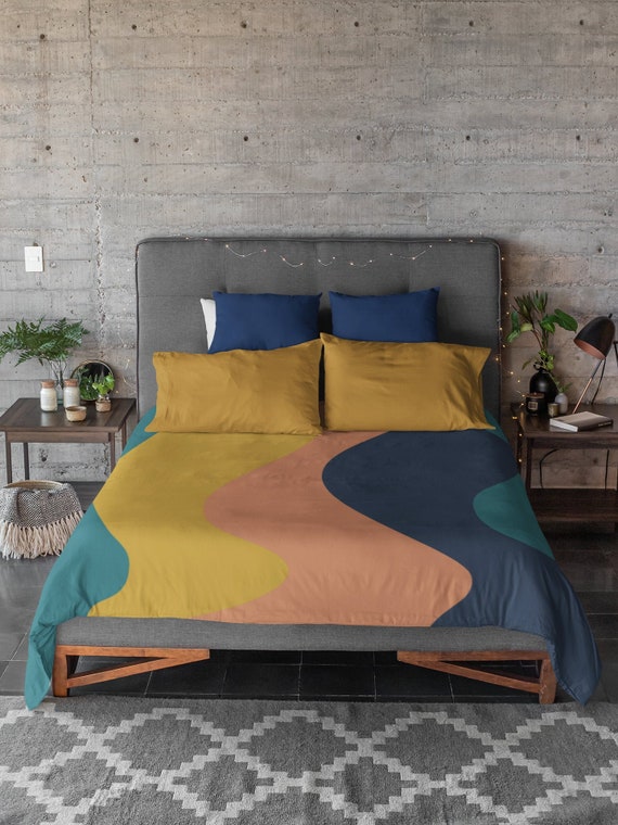 Retro Boho Mid Century Modern Wave Blue PeachGolden Yellow | Etsy