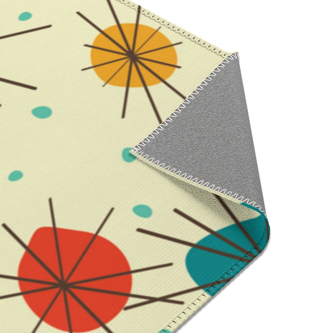 Mid Century Modern Retro Rug, Atomic Starburst, Beige, Blue, Burnt Red ...