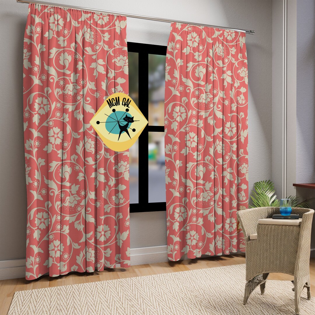 Chinoiserie Curtains, Whimsical Floral Flourishes in Coral, Creamy ...