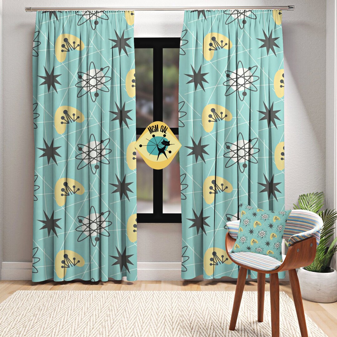 Mid Century Modern Curtains, Aqua Blue, Sonic, Boomerang, 50's Retro ...