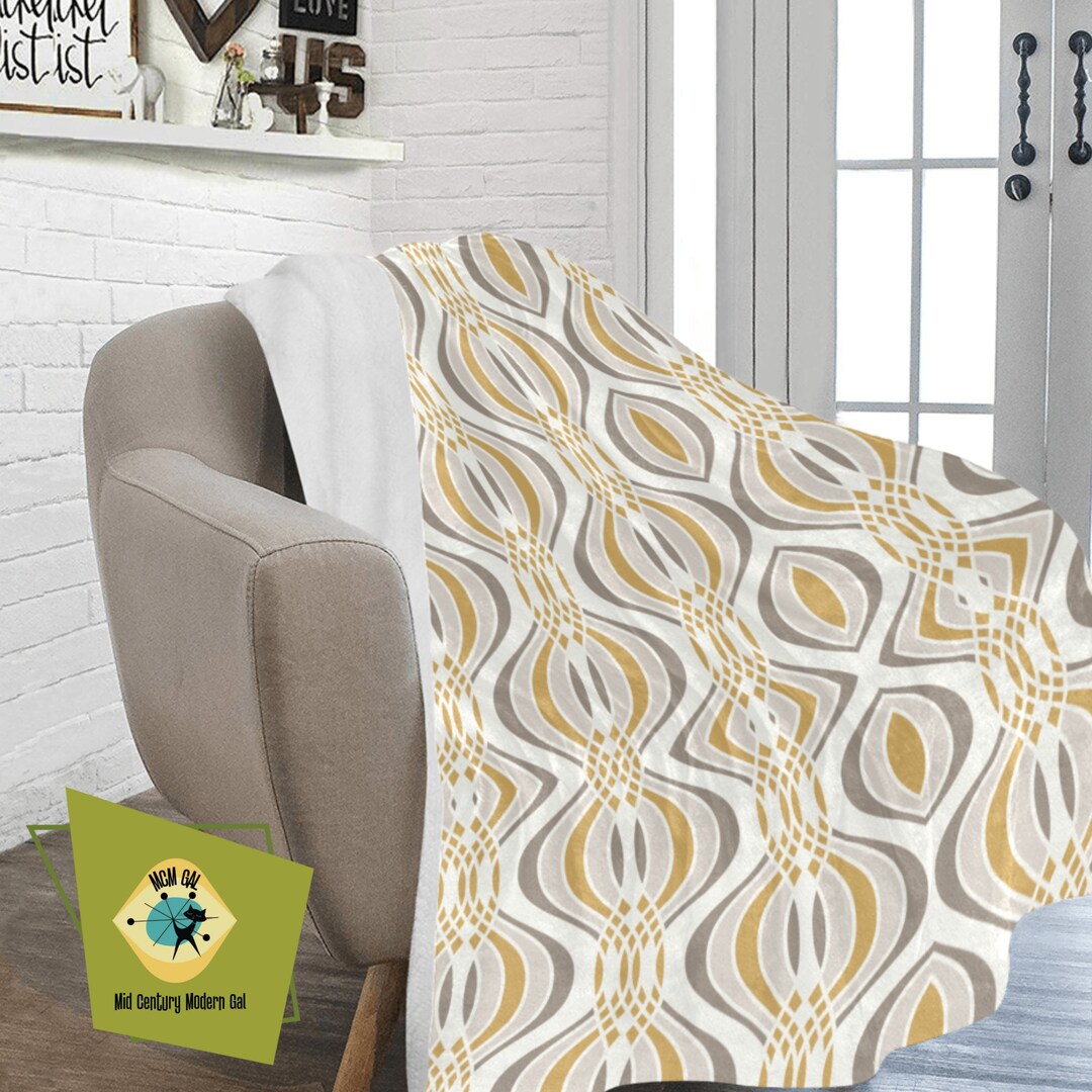 Mid Century Modern Blanket Gold, Gray, Abstract Modern Vintage Style ...