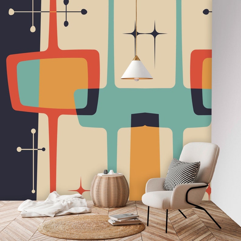 Mid Mod Atomic Home Living Black Beige Teal Geometric Etsy
