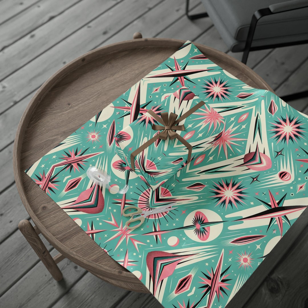 Mid Century Modern Christmas Paper, Atomic 50's Wrapping Paper, Teal ...