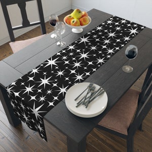 Mid Century Modern Table Runner, Classic Blac, White Atomic Stars, MCM ...