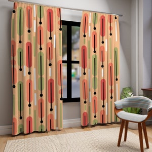 Mid Century Modern Curtains, Salmon Color, Green, White Scandinavian ...