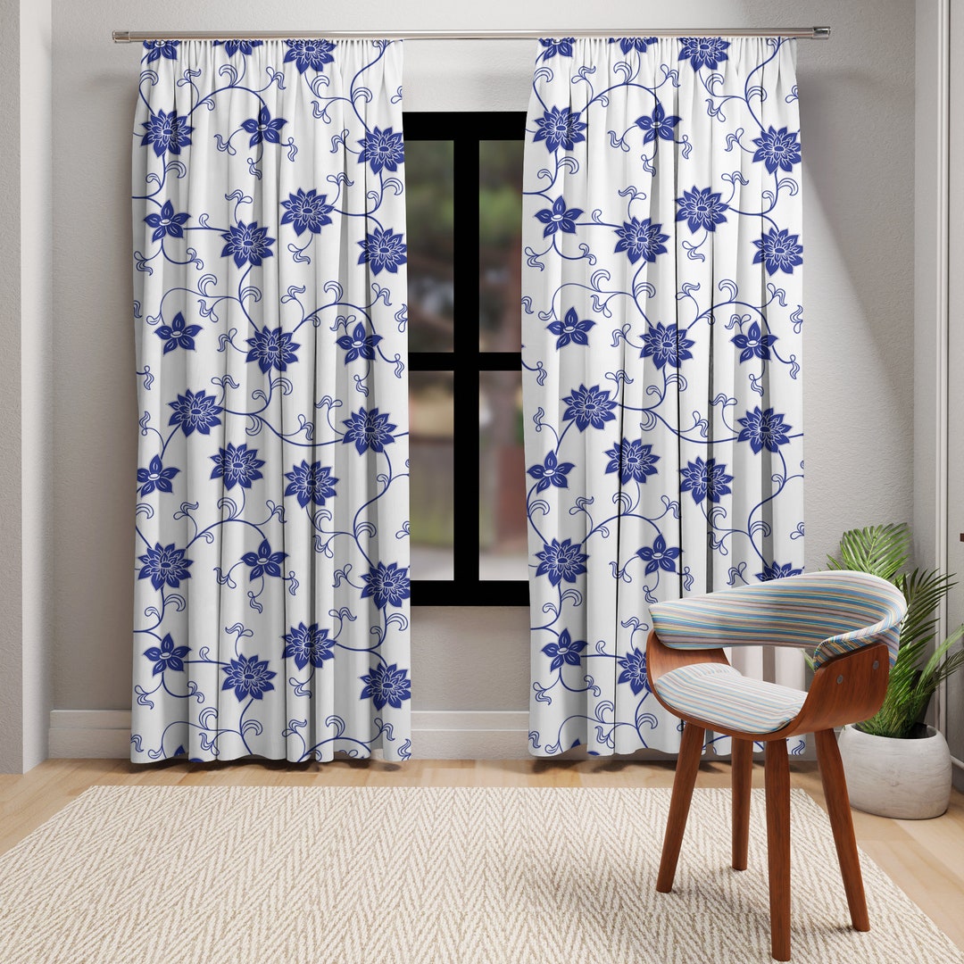 Chinoiserie Window Curtains Blue White Willow Scrolling - Etsy