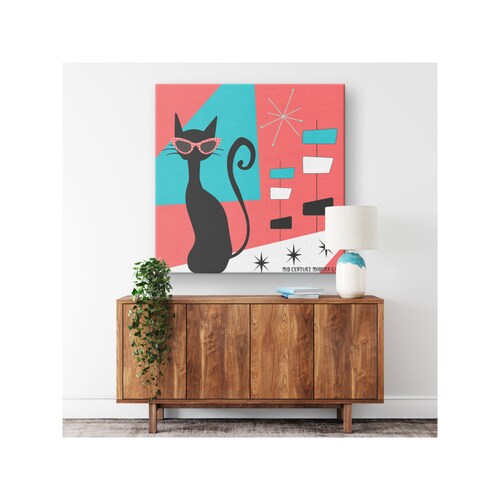 Black Cat Art Atomic Cat Retro 50s Pink Mid Century Modern Etsy