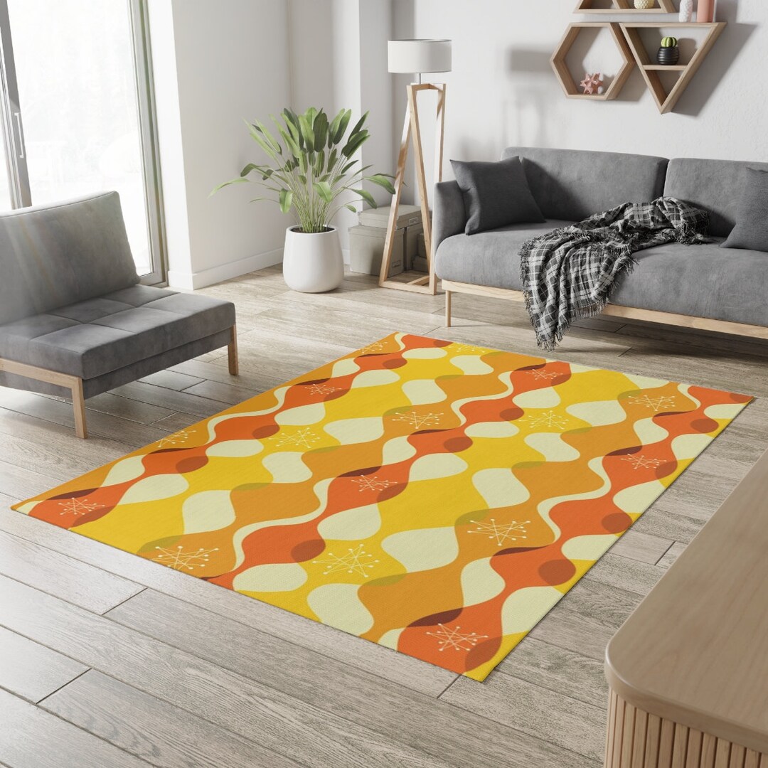 Mid Century Modern Geometric Yellow and Orange Retro Area Rugs - Etsy