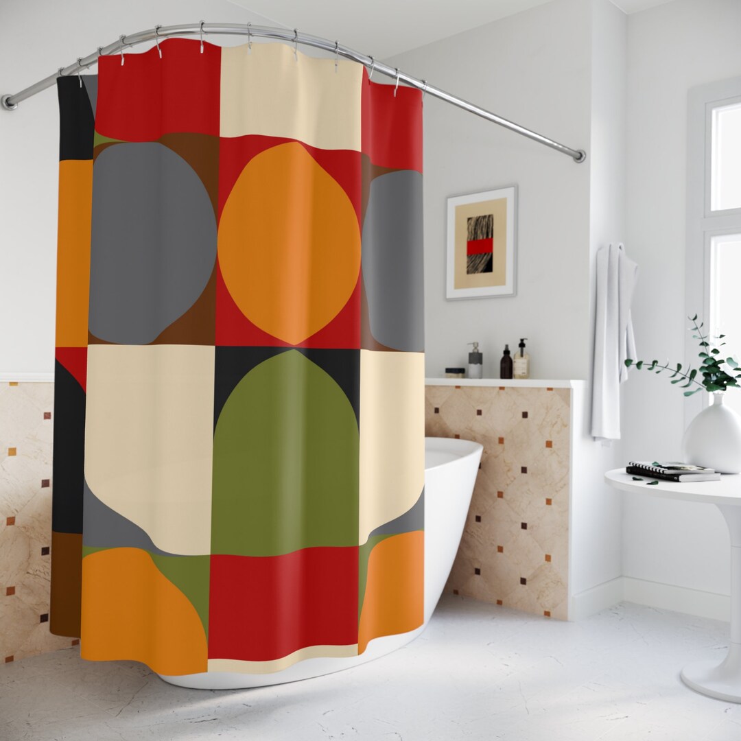 Mid Century Modern Shower Curtain Mcm Geometric Retro Red Gray