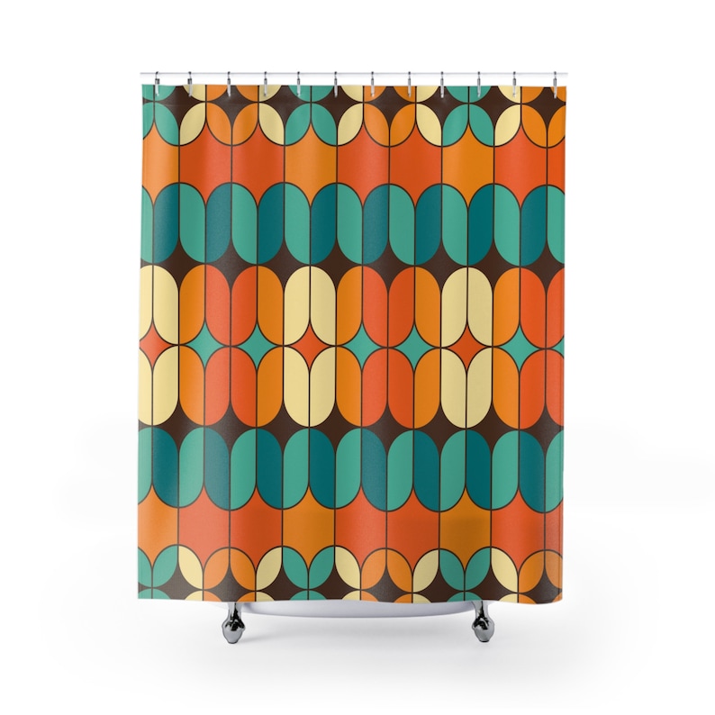 Mid Century Modern Orange Brown Teal And Cream Retro Shower Etsy