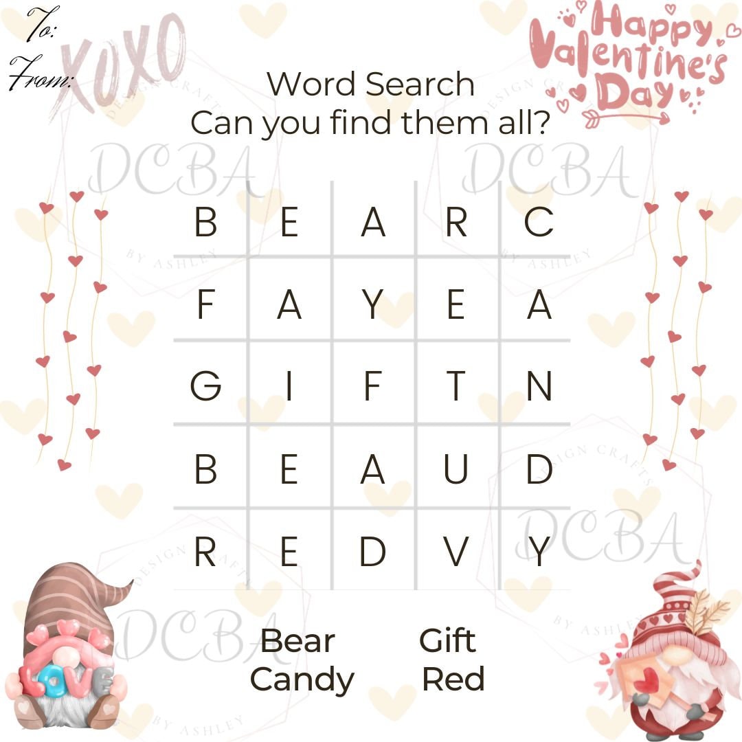 Valentine's Day Card for Kids With Word Search Game - Instant Digital ...