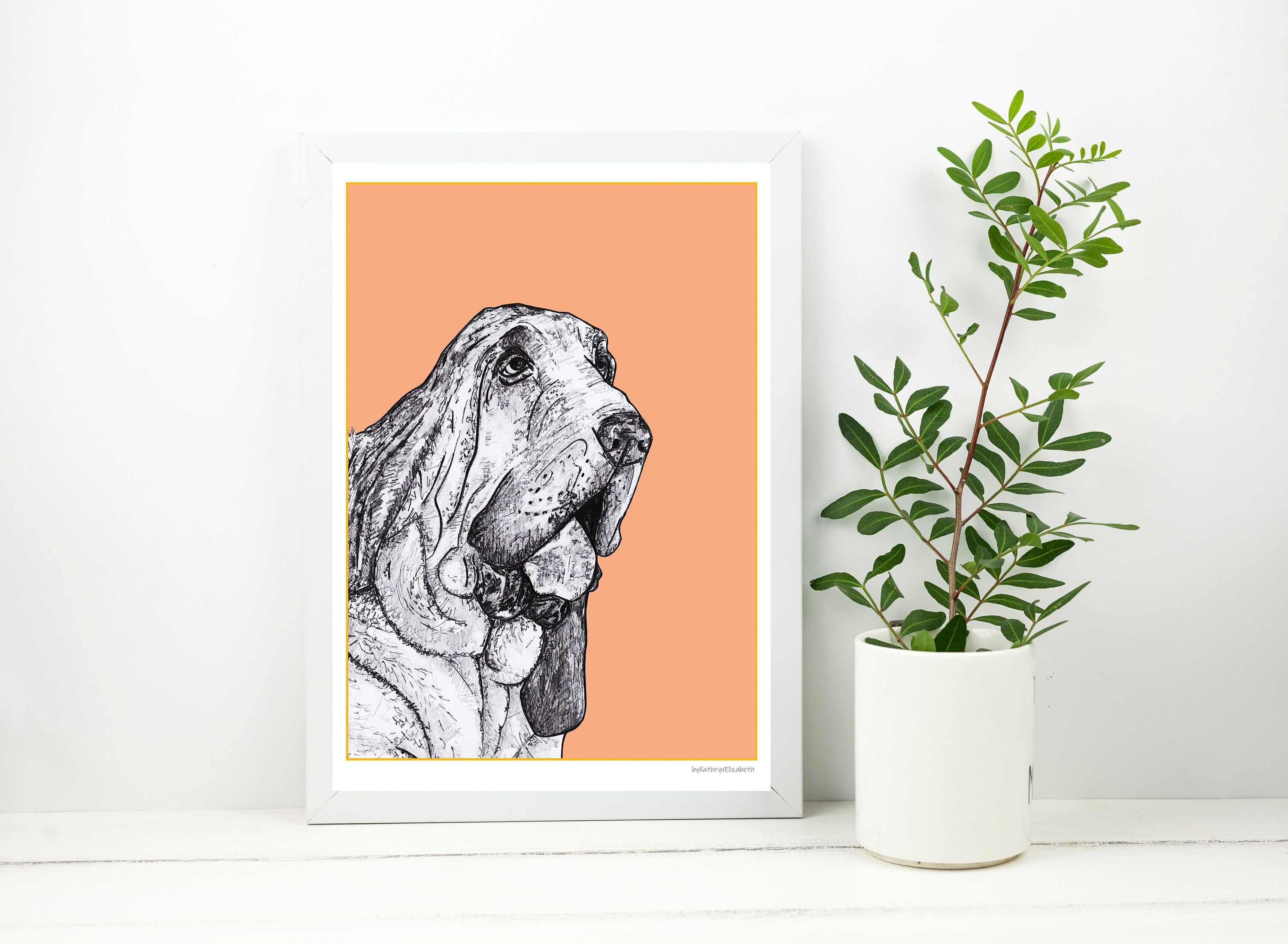 Bloodhound Dog Art Print, A4, Pastel Red Orange, Drawing, Unframed ...