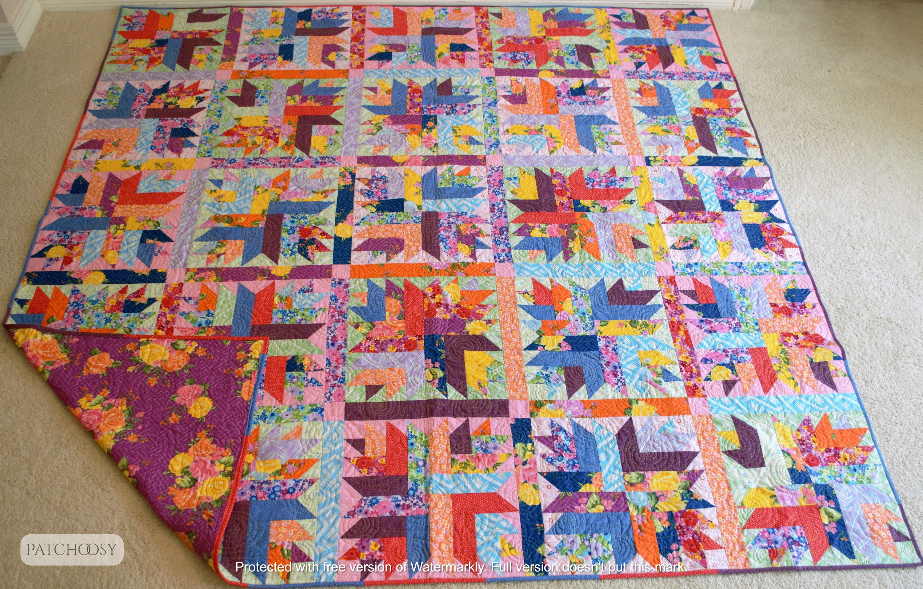 Finished Bed Art Quilt Queen Size Handmade Colorful Geometric Floral ...
