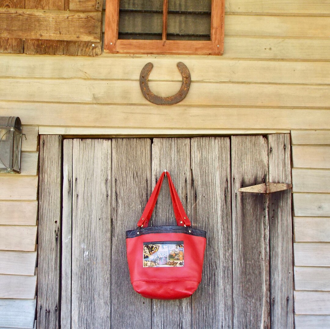Handmade Leather Tote With Comic Book Print - Etsy