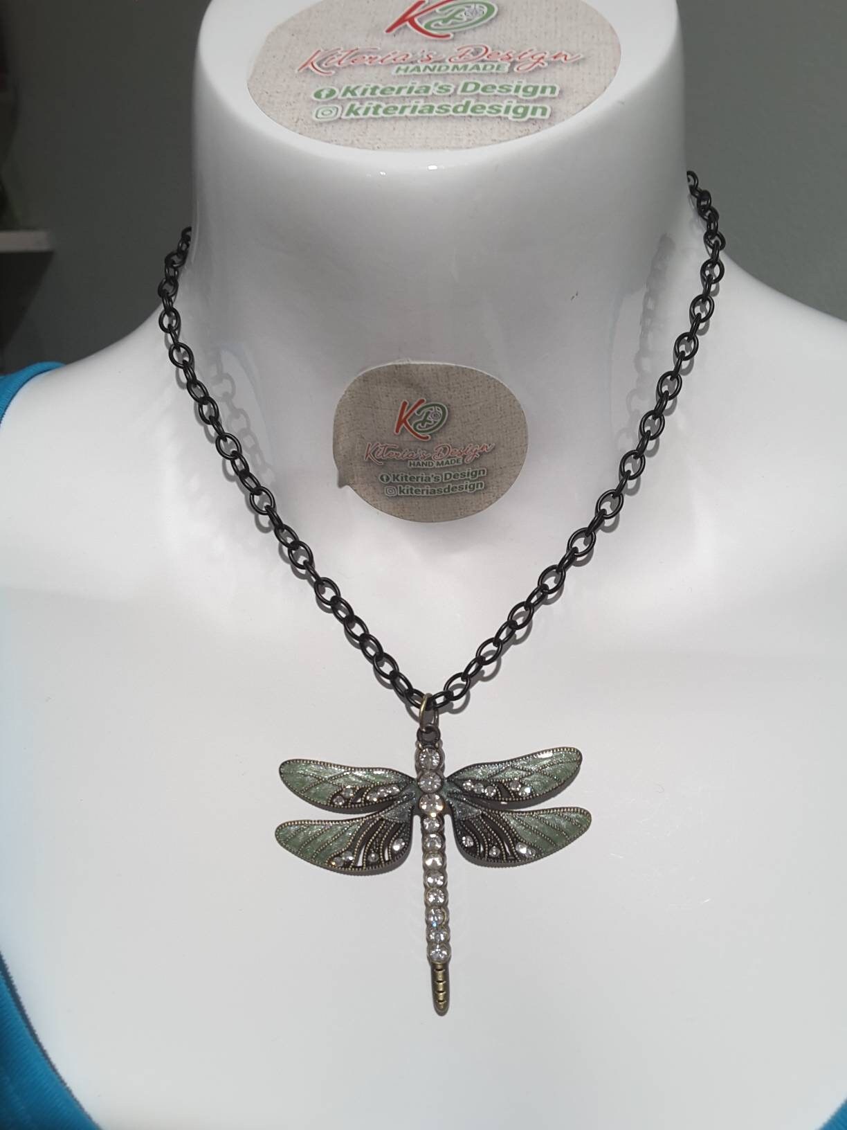 Black Metal Chain Necklace With Dragon-fly Pendant W/ Crystal - Etsy