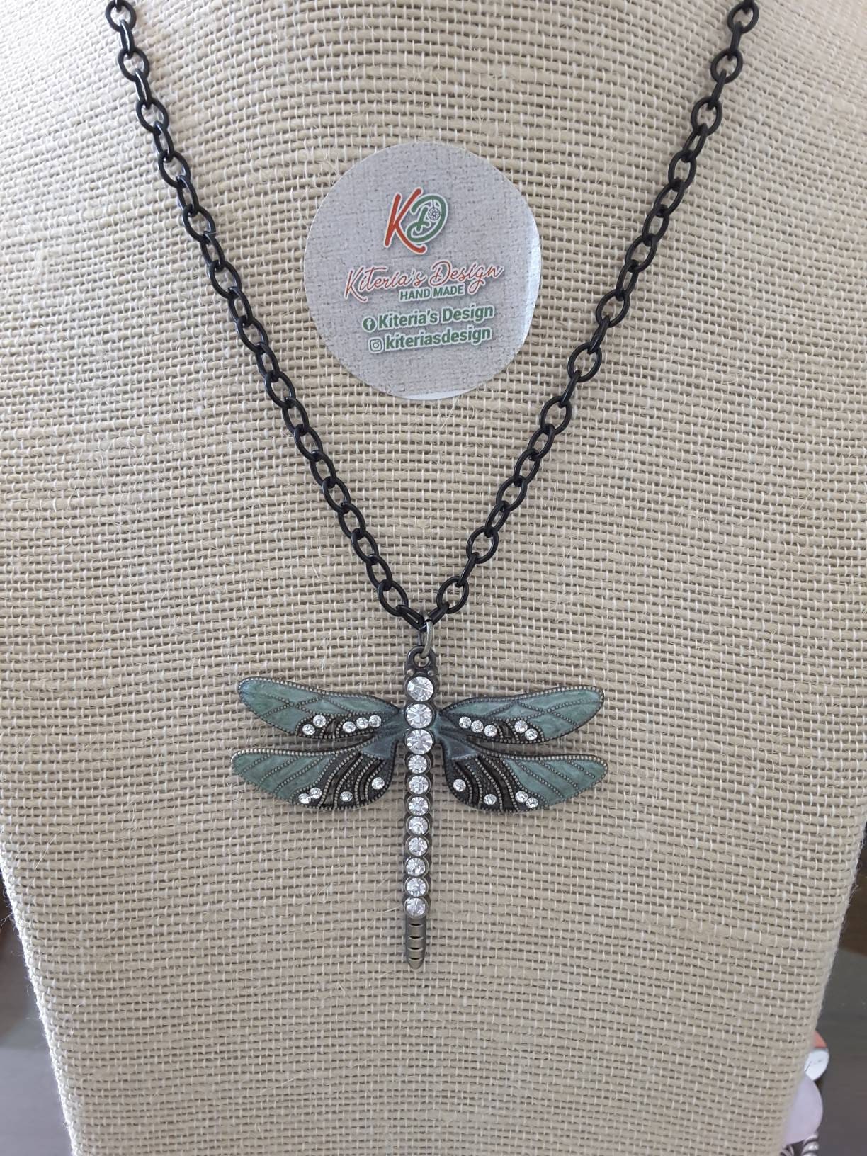 Black Metal Chain Necklace With Dragon-fly Pendant W/ Crystal - Etsy