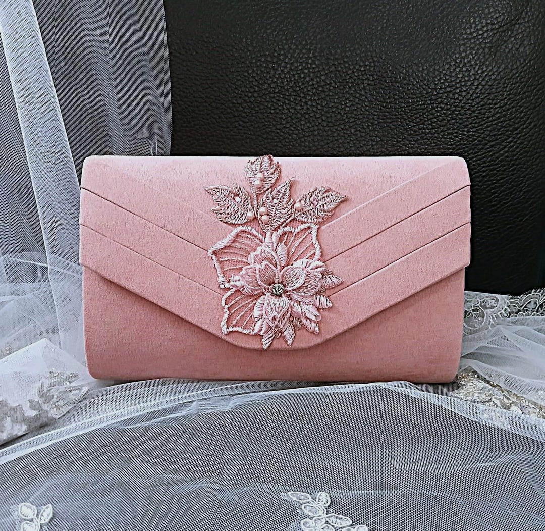 Blush Pink Suede Clutch: Floral Wedding Handbag With Chain Handle - Etsy
