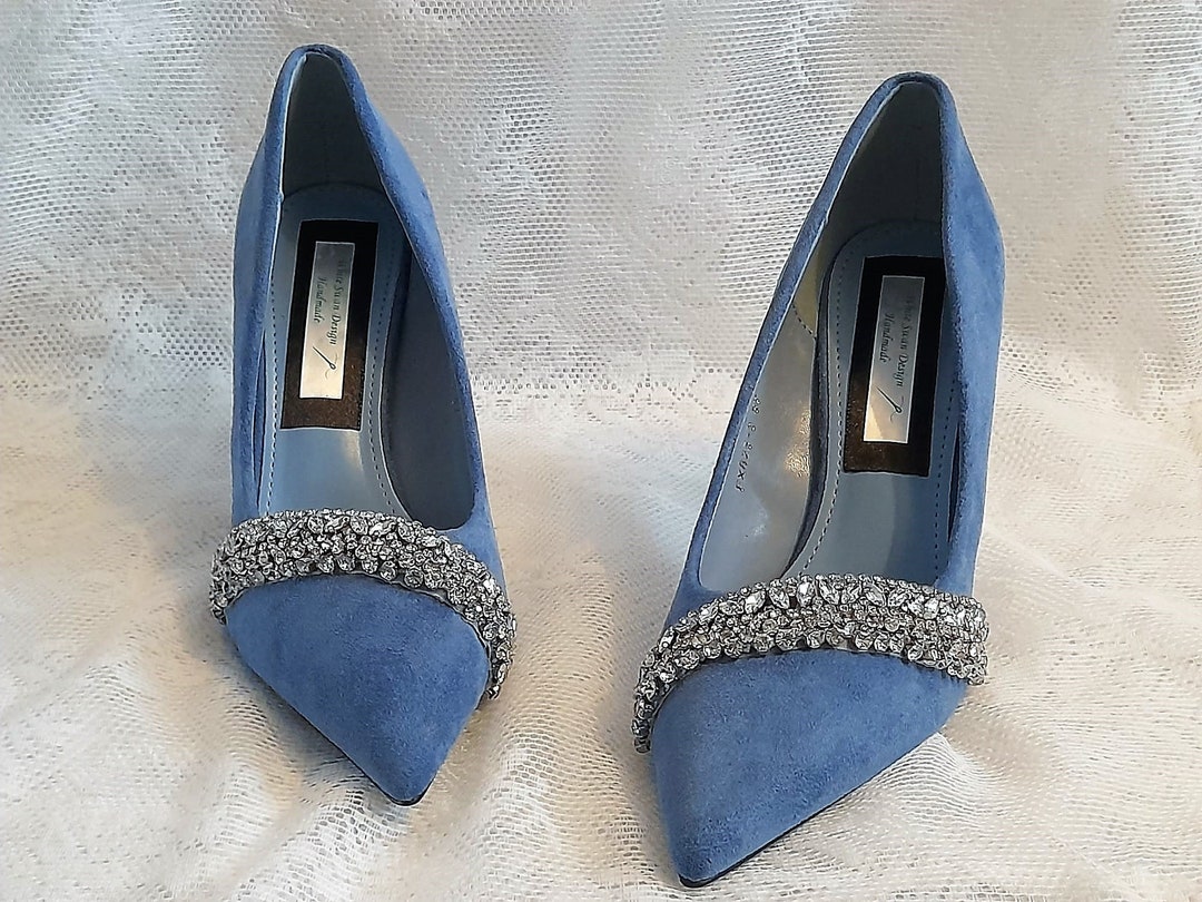 Suede Something Blue Shoes,decorated Wedding Heels,shoes for Bridesmaid ...