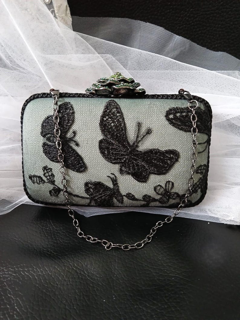 Sage Green Velvet Gothic Clutch: Butterfly Flower Closure, Wedding ...