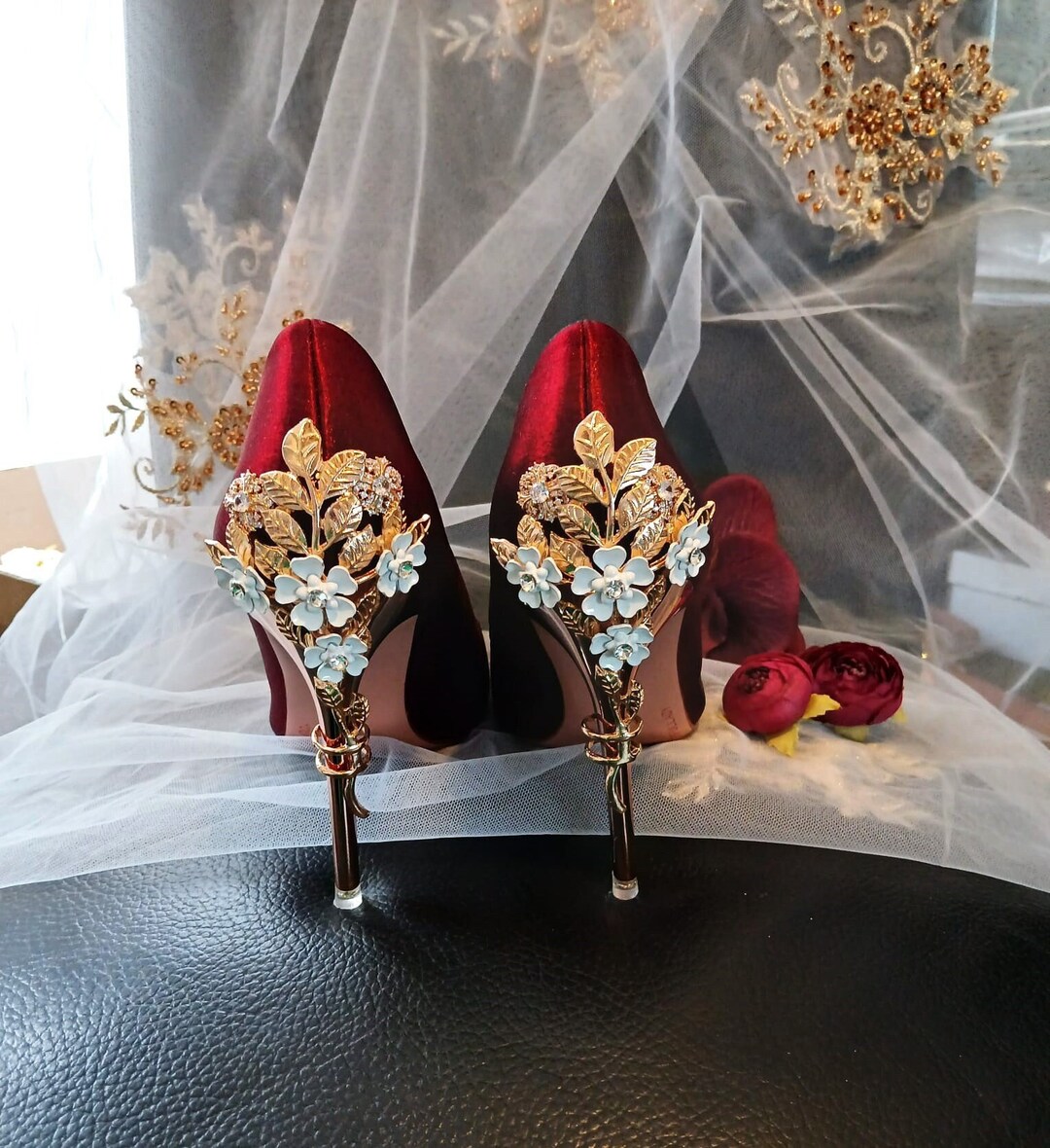 Burgundy Wine Red Satin Bridal Shoes,carved Floral Heel Pumps for ...