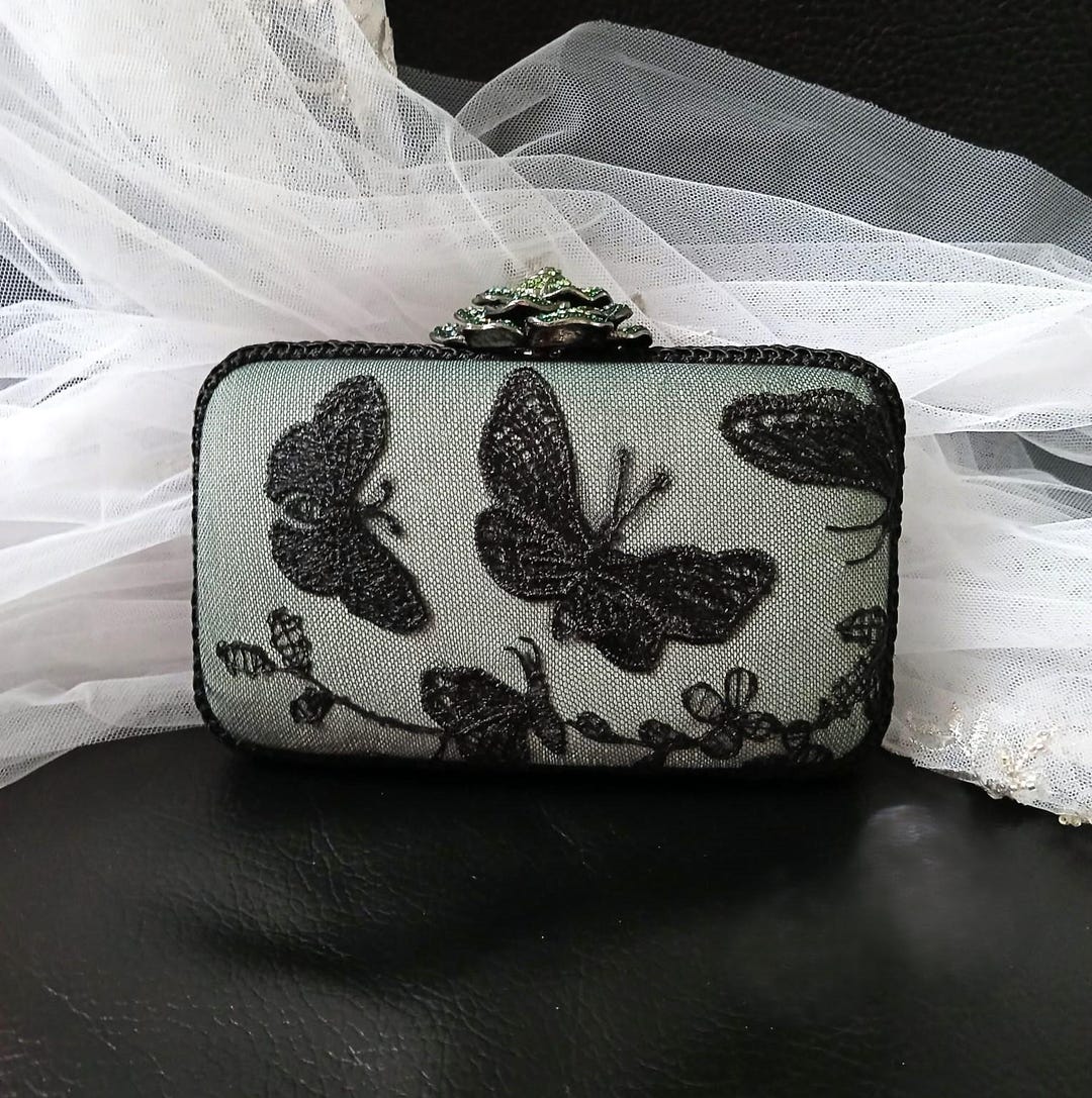 Sage Green and Black Velvet Gothic Clutch Bag With Butterflies and ...