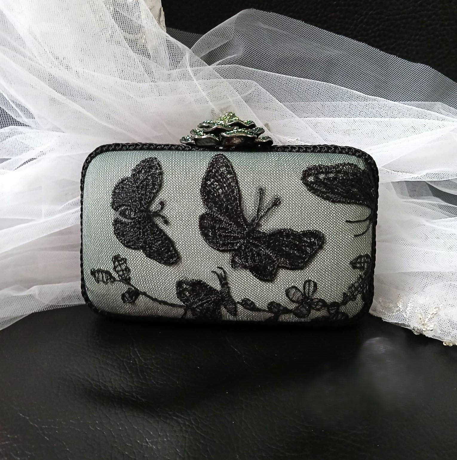 Sage Green Velvet Gothic Clutch: Butterfly Flower Closure, Wedding ...