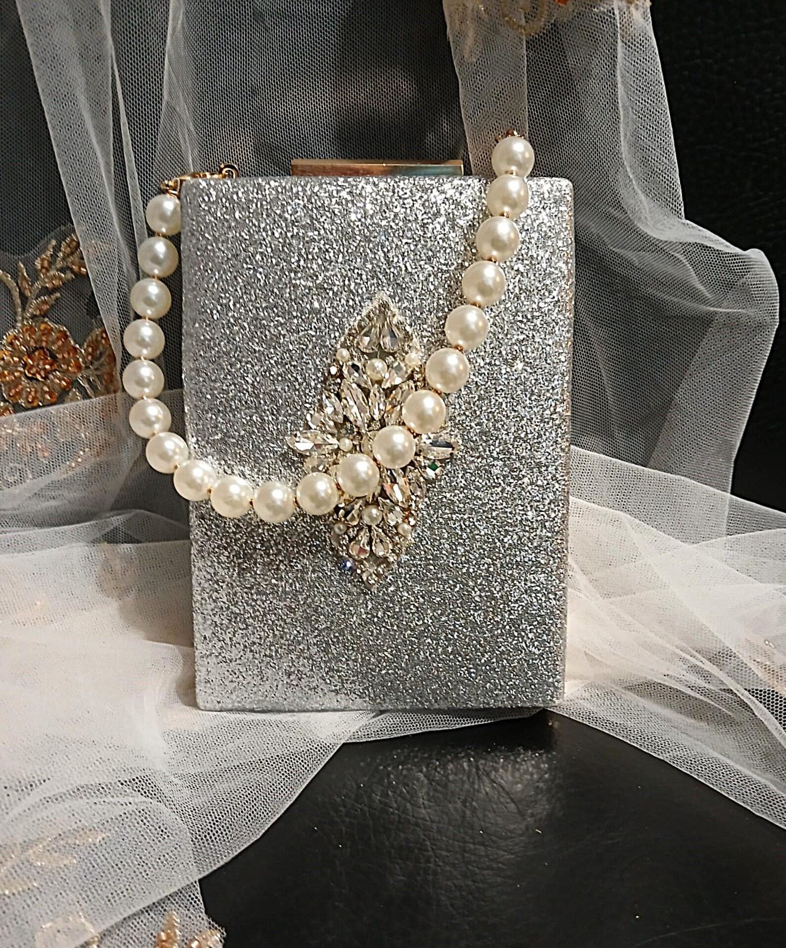 Glitter Silver Evening Clutch Bag With Pearl Handle,wedding Handbag for ...