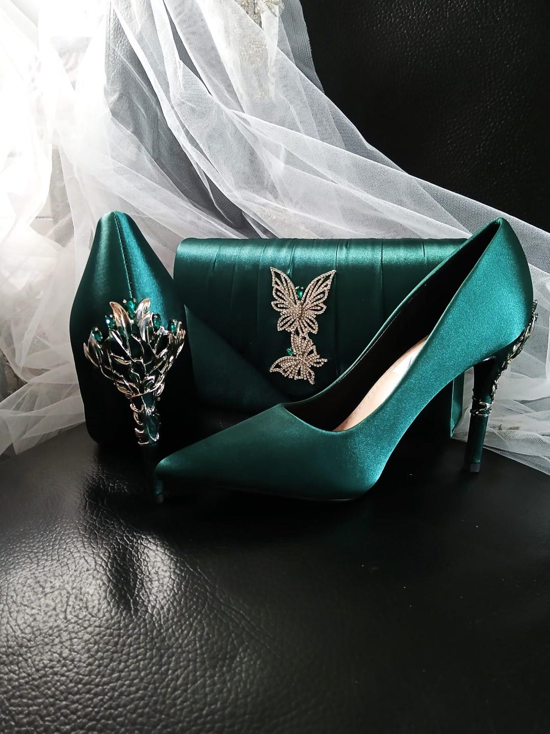 Forest Green Satin Wedding Heels With Carved Clutch Bag - Etsy