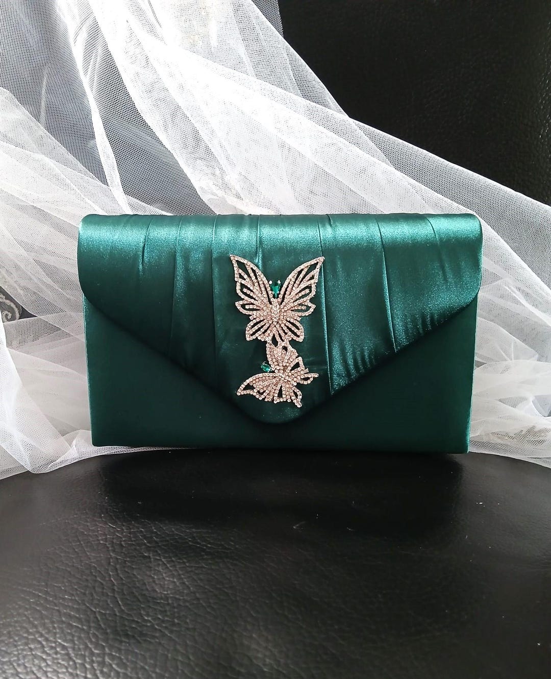Emerald Green Satin Evening Clutch Bag,dark Green Handbag for Bride or ...