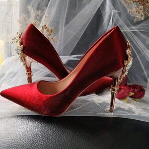 Burgundy Wine Red Satin Bridal Shoes,carved Floral Heel Pumps for ...