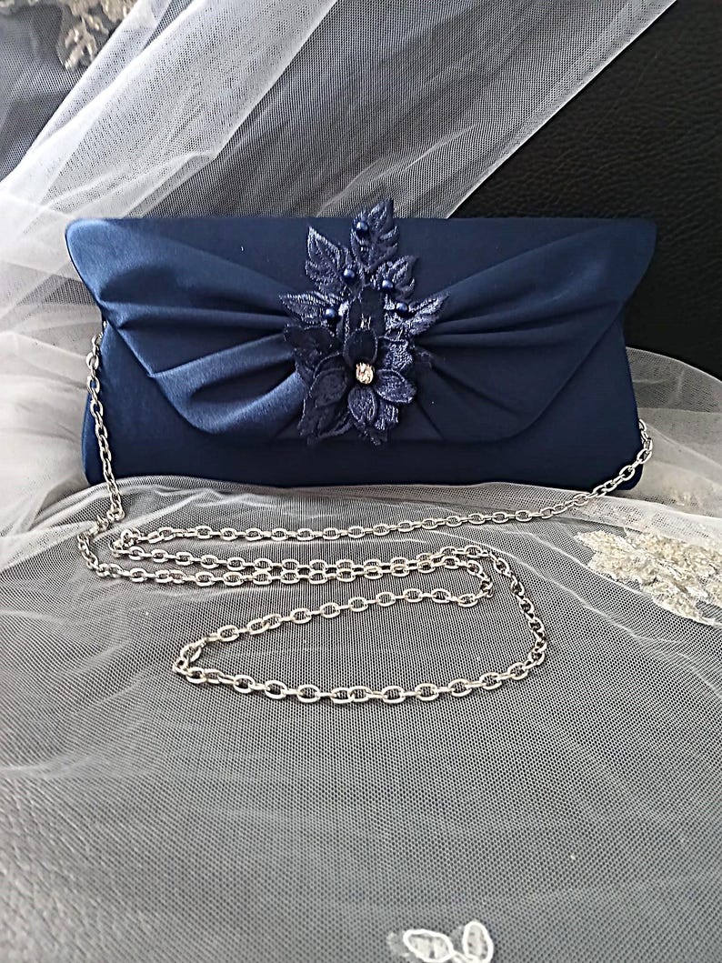 Navy Blue Satin Evening Clutch: Floral Wedding Handbag - Etsy