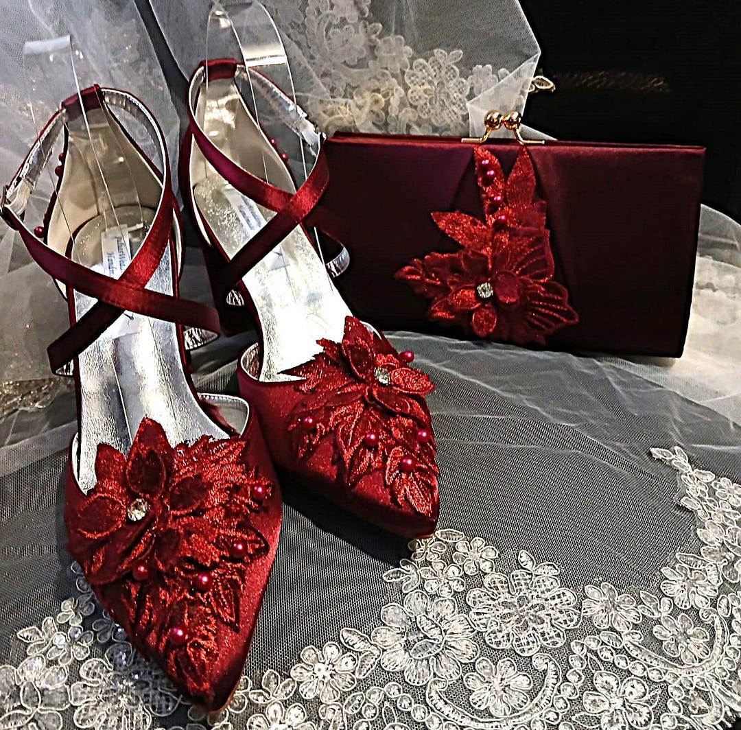 Wine Red Satin Shoes With Matching Clutch Bag,burgundy Block Heel ...