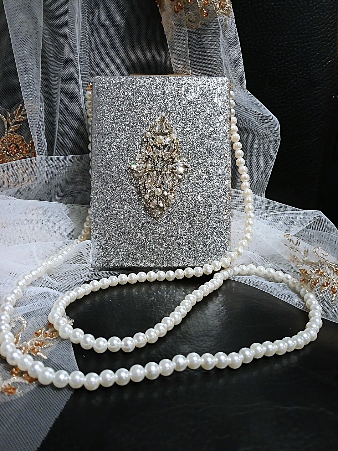 Glitter Silver Evening Clutch Bag With Pearl Handle,wedding Handbag for ...